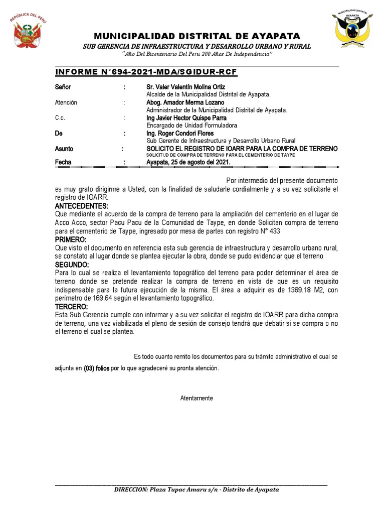 Informe N°694-solicito Registro De Ioarr | Pdf | Gobierno | América Del Sur