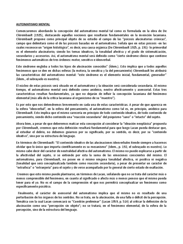AUTOMATISMO MENTAL Resumen | PDF | Jacques Lacan | Psicosis