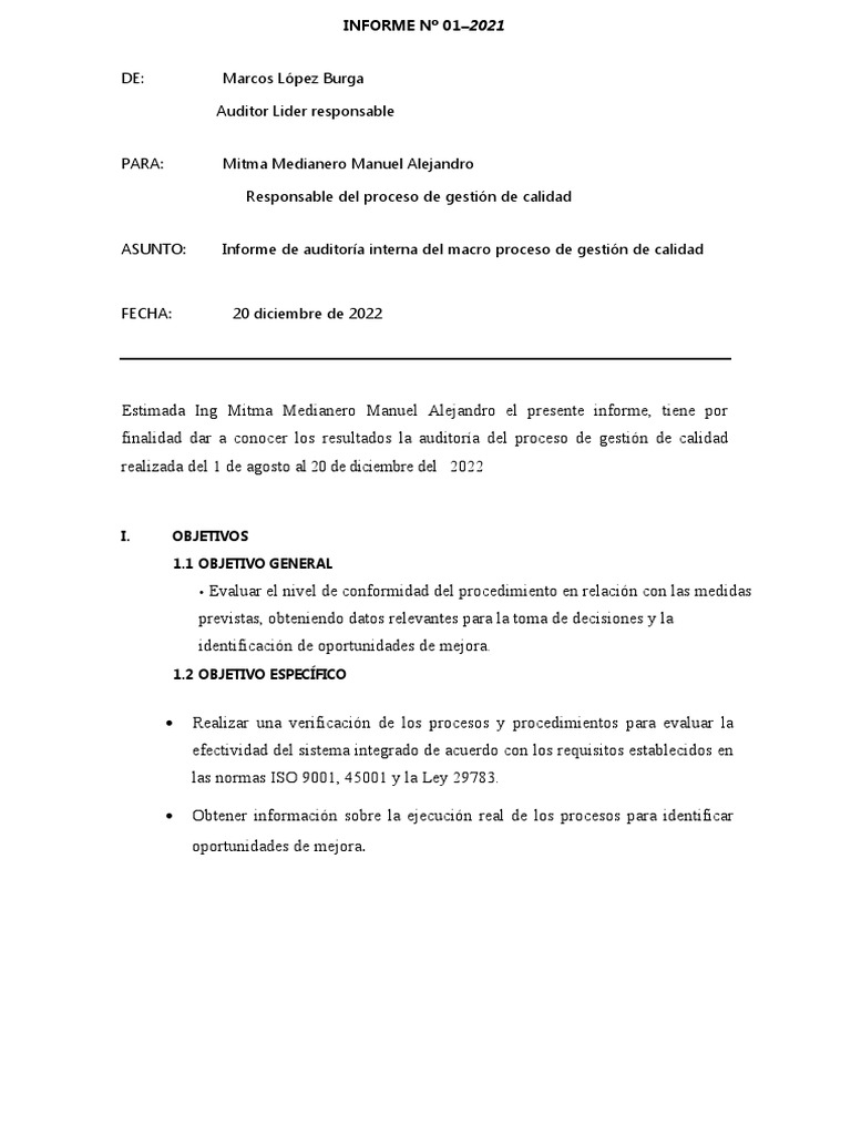 Informe Gestión de Calidad | PDF | Calidad (comercial) | Auditoría