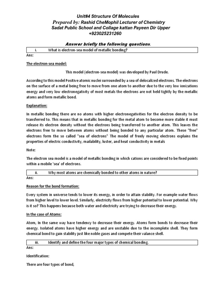Class 9th Chemistry Unit#4 Structure of Molecules | PDF | Chemical Bond | Ionic Bonding