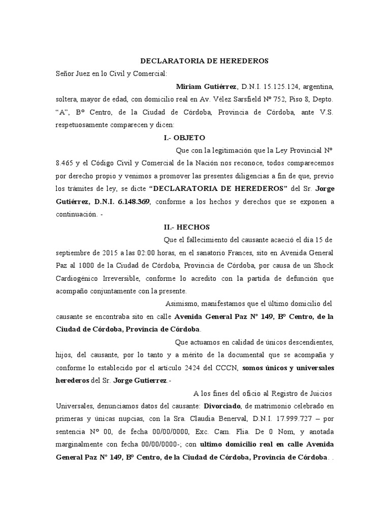 DECLARATORIA DE HEREDEROS Trabajo | PDF | Gobierno | Justicia