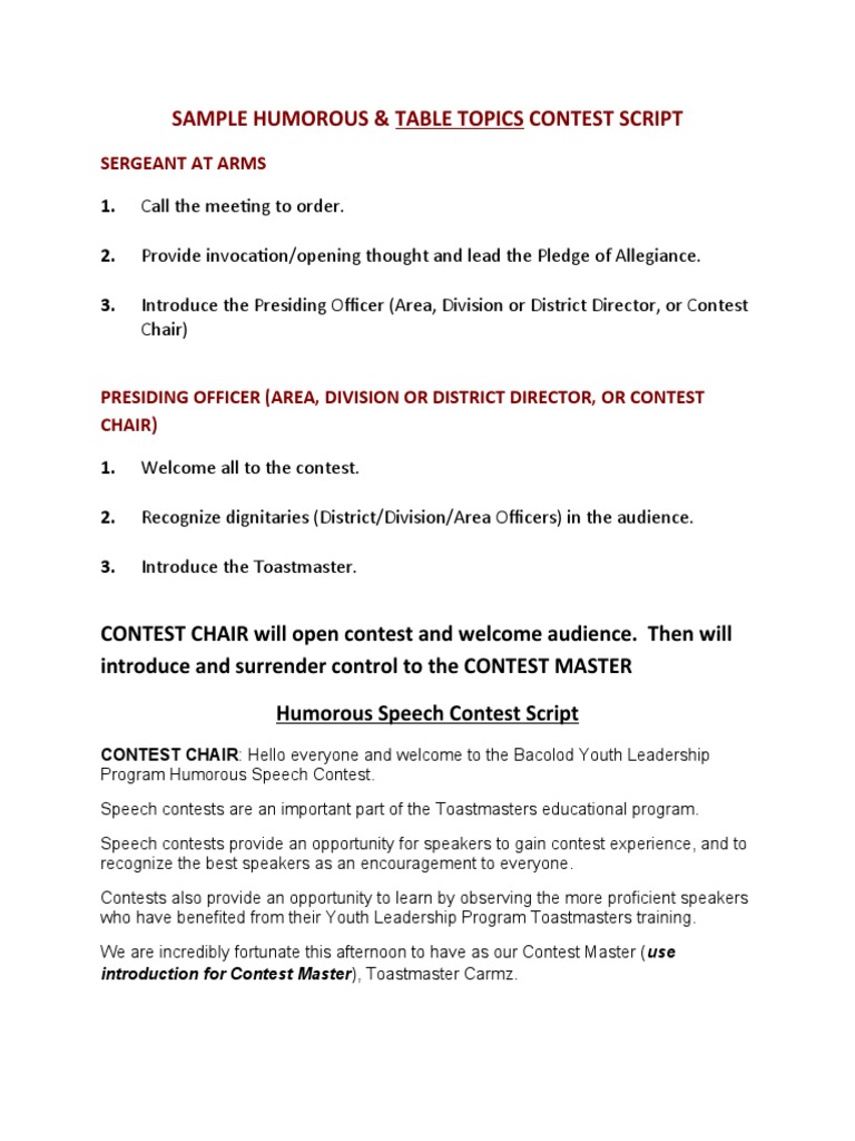 Humorous Impromptu-Speech-Contest-Script YLP Bacolod Onsite | PDF ...