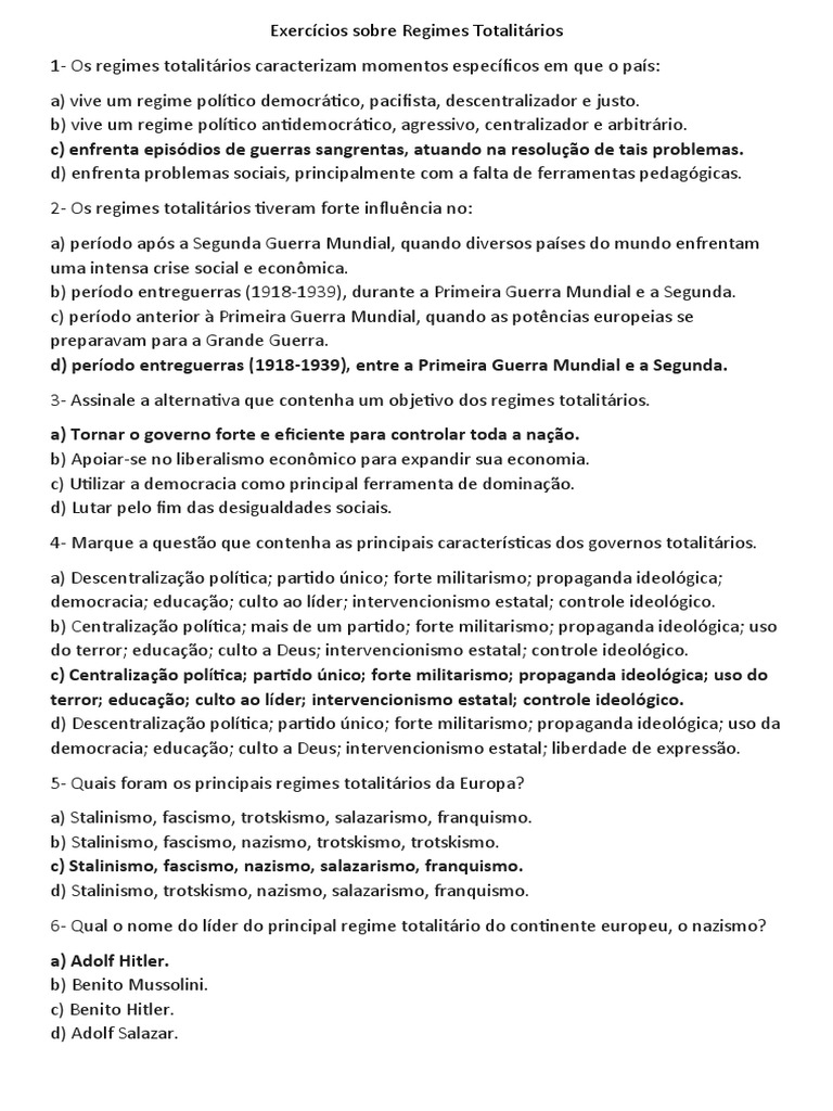 Exercícios Sobre Regimes Totalitários | PDF | Totalitarismo | Nazismo