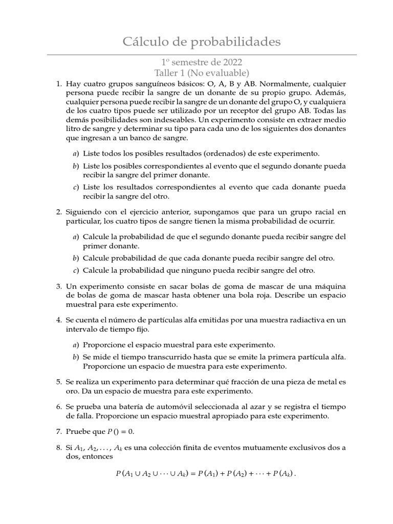 Taller de Calculo de Probabilidades | Descargar gratis PDF | Probabilidad | Sangre