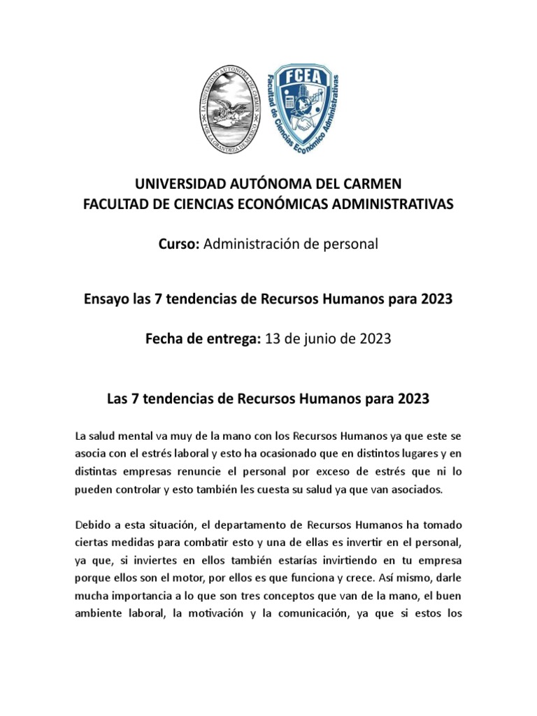 Actividad II Ensayo Las 7 Tendencias para Recursos Humanos para 2023 | PDF | Gestión de recursos ...