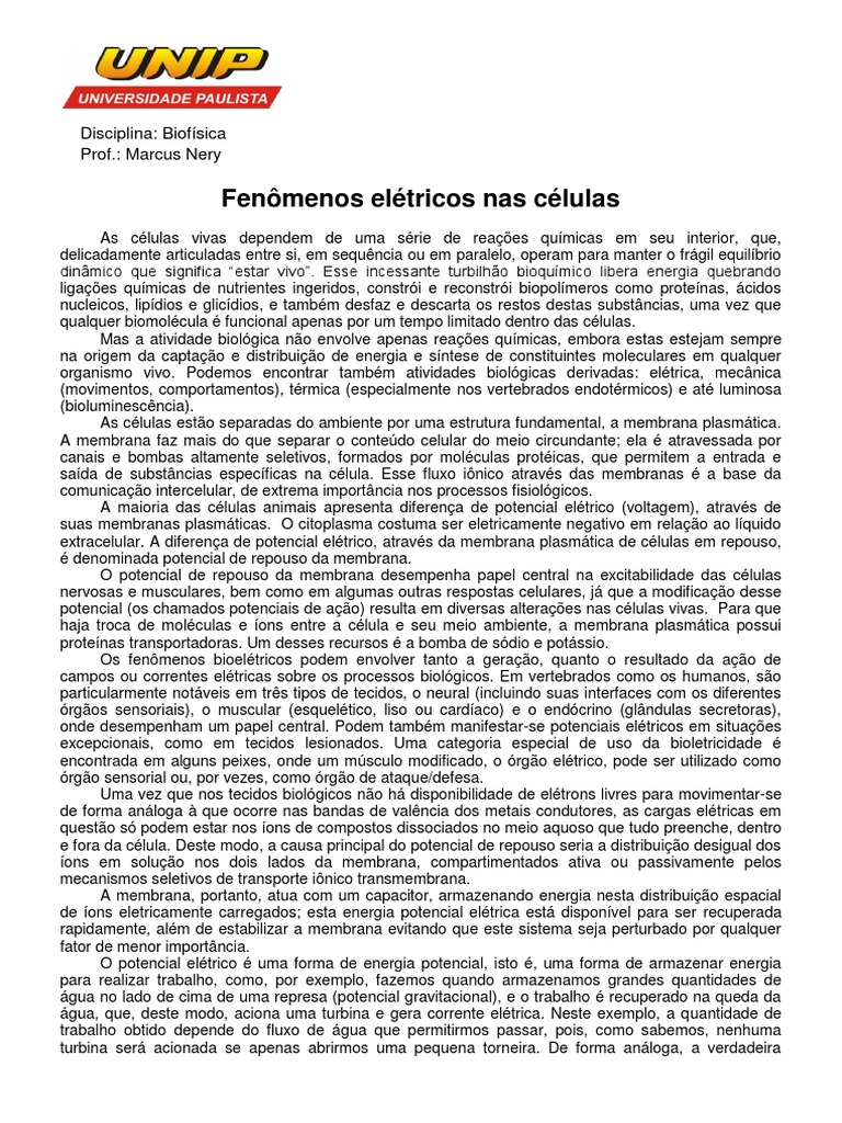 Fenômenos Elétricos nas Células e Neurônios | PDF | Sinapse | Neurônio