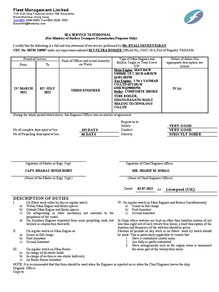 Sea Service 3RD Engineer | PDF | Marine Propulsion | Water Transport