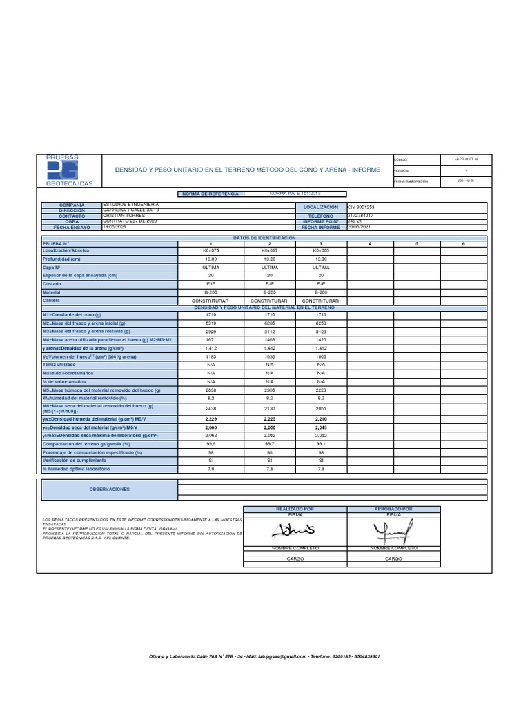 PG-249-21. Densidad y Peso Unit en El Terreno Método Del Cono y Arena ...
