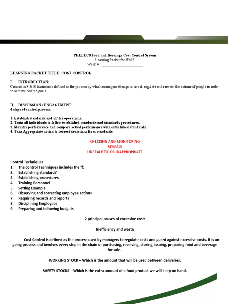 PHELEC8 - WEEK 4 Food and Beverage Cost Control System | PDF ...