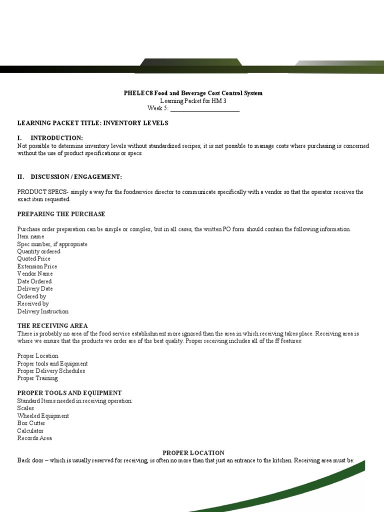 PHELEC8 - WEEK 5 Food and Beverage Cost Control System | PDF ...