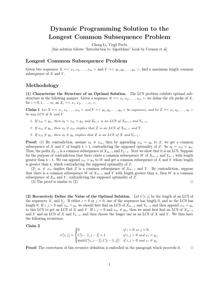 Dynamic Programming Solution To The Longest Common Subsequence Problem | PDF | Algorithms ...