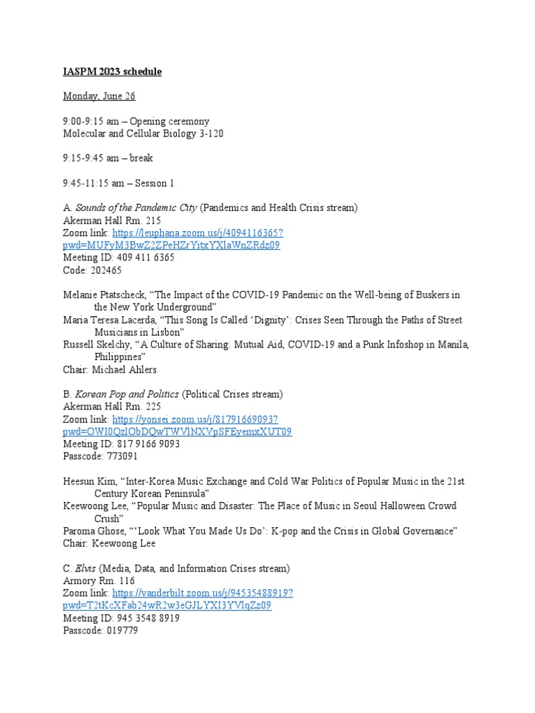 IASPM 2023 Conference Schedule - Zoom Links v. 2 | PDF | Hip Hop Music