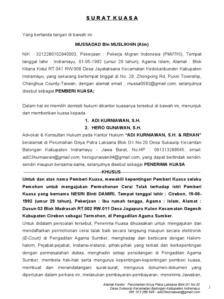 Surat Kuasa Permohonan Cerai Talak | PDF