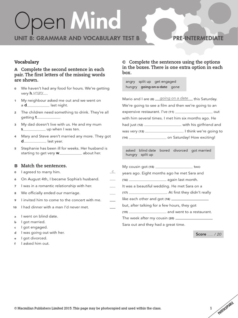 Open Mind Pre-Intermediate Unit 8 Grammar and Vocabulary Test B | PDF