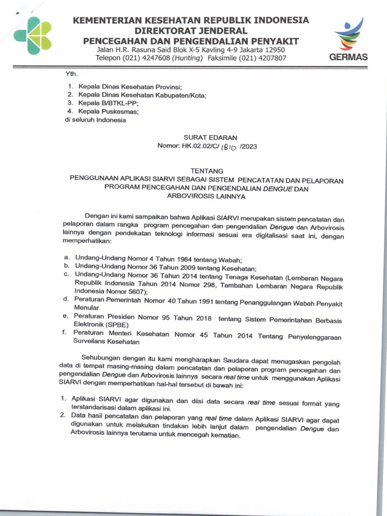 Surat Edaran DirJen P2P Penggunaan SIARVI No. HK.02.02 C 810 Tahun 2023 ... Surat Edaran DirJen P2P Penggunaan SIARVI No. HK.02.02 C 810 Tahun 2023 ...