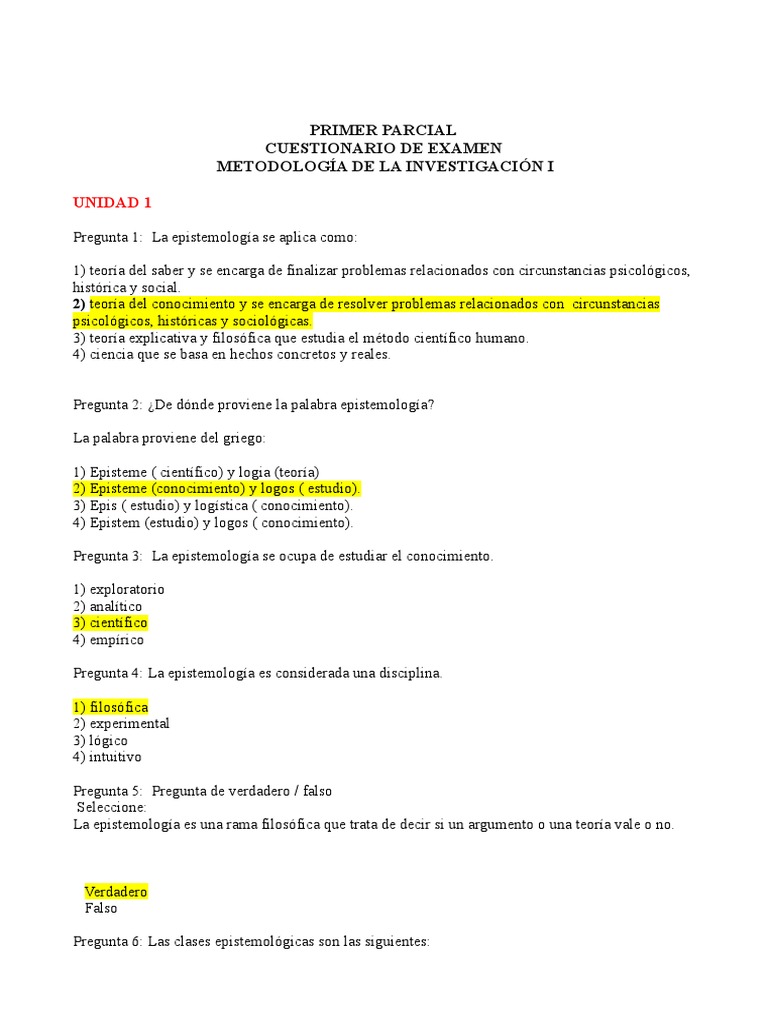 Cuestionario Metodologia de La Investigación - Primer Parcial | PDF | Experimentar | Conocimiento