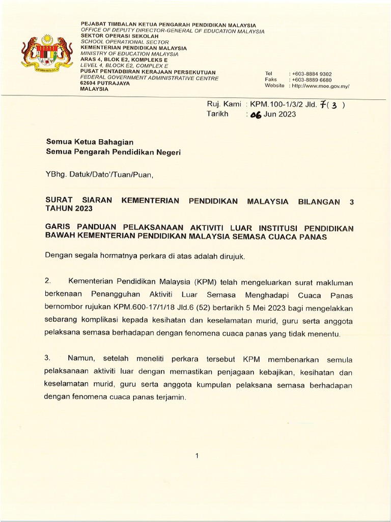 Surat Siaran KPM Bil. 3 Tahun 2023 Garis Panduan Pelaksanaan Aktiviti Luar Semasa Cuaca Panas ...