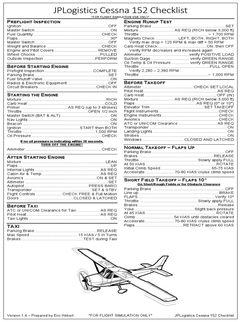 JPLogistics Cessna 152 Checklist v1.4 | PDF | Carburetor | Brake