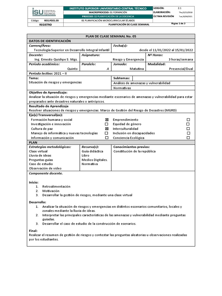 Quishpe - PC5 - Riesgo y Emergencia | PDF | Maestros | Evaluación