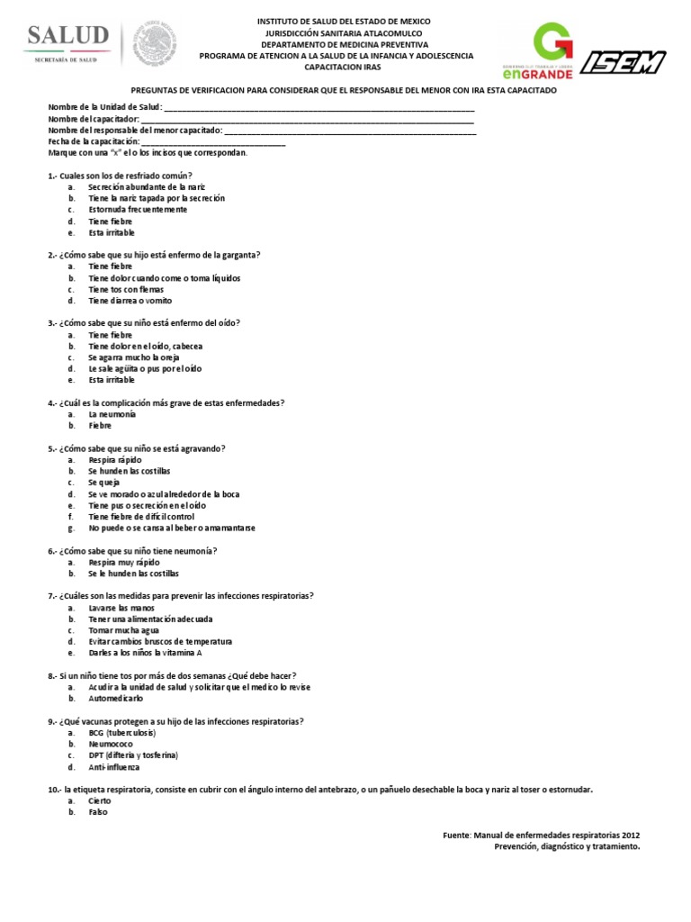 Cuestionario IRAS Madre Capacitada | PDF | Medicina | Enfermedades y ...