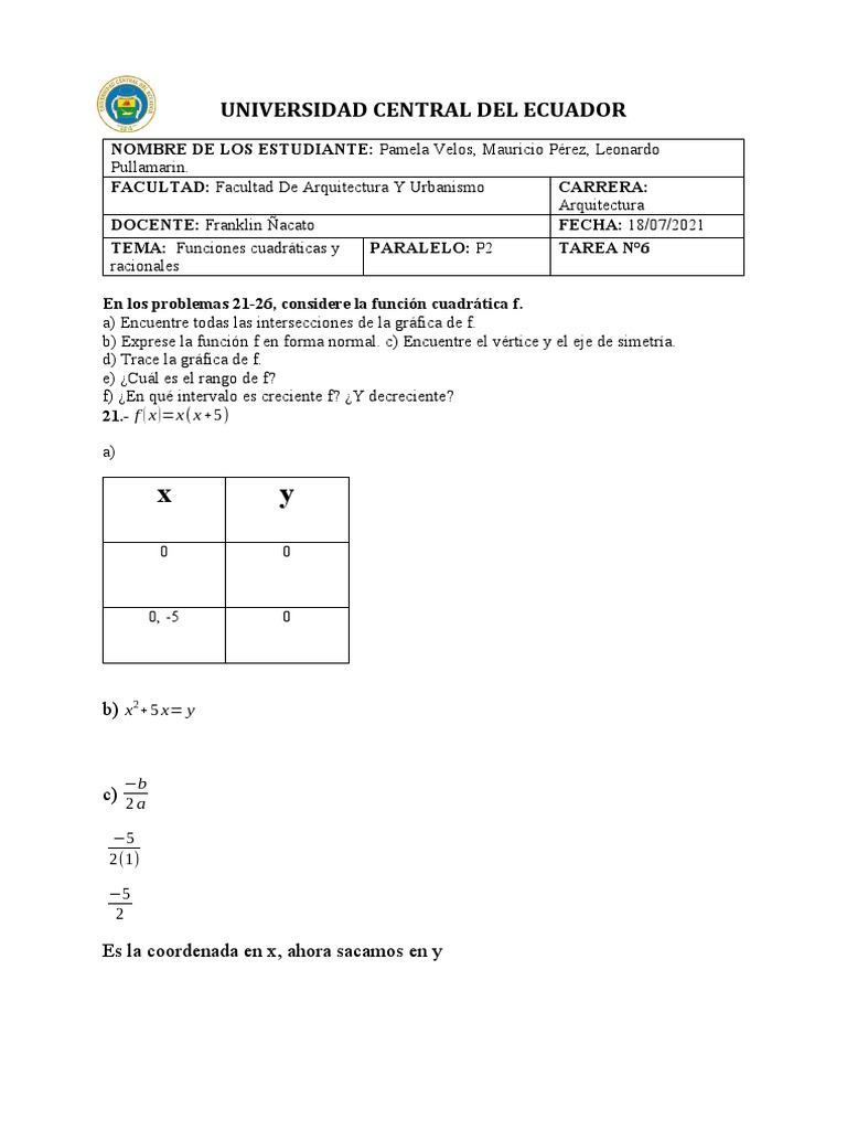 Tarea 6 - Funciones Cuadraticas y Racionales en Grupo | PDF | Fahrenheit | Matemáticas