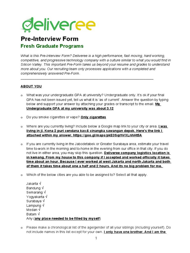 Fresh Graduate Pre-Interview Form | PDF