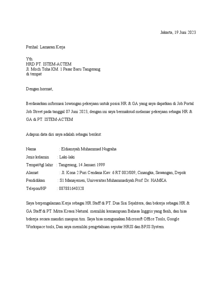 Surat Lamaran Kerja Eldi 2023 | PDF