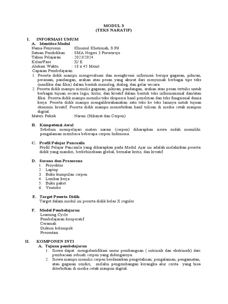 Modul Pembelajaran Teks Naratif Cerpen | PDF | Karier & Perkembangan