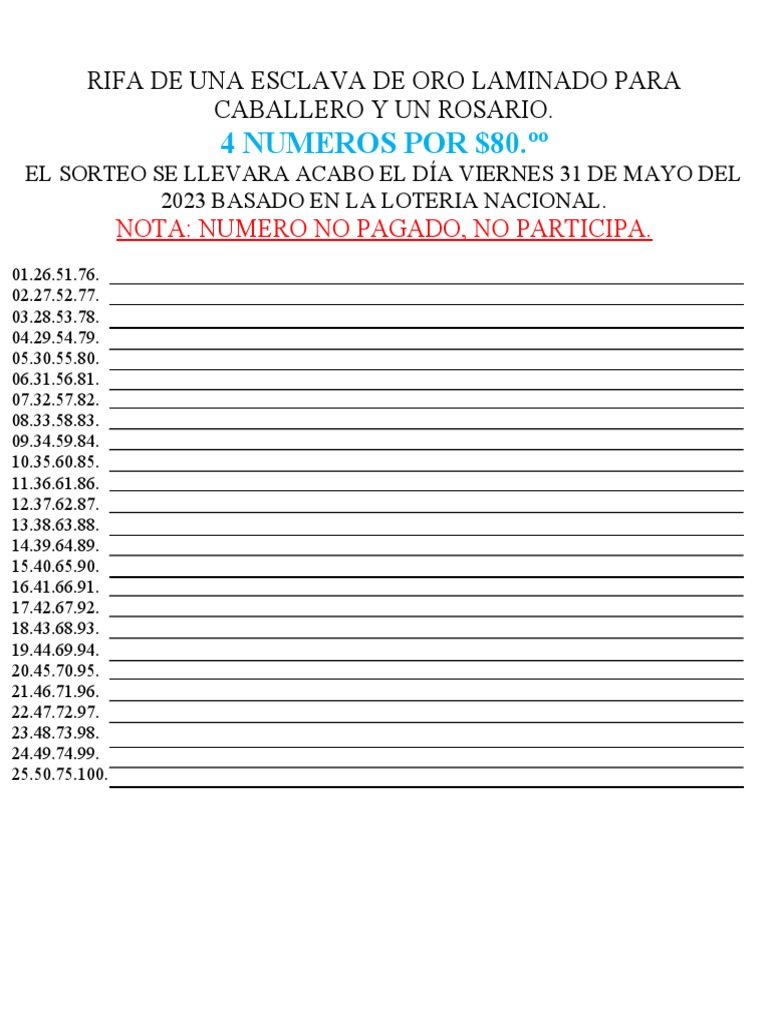 Rifas Del 1 Al 100 | PDF