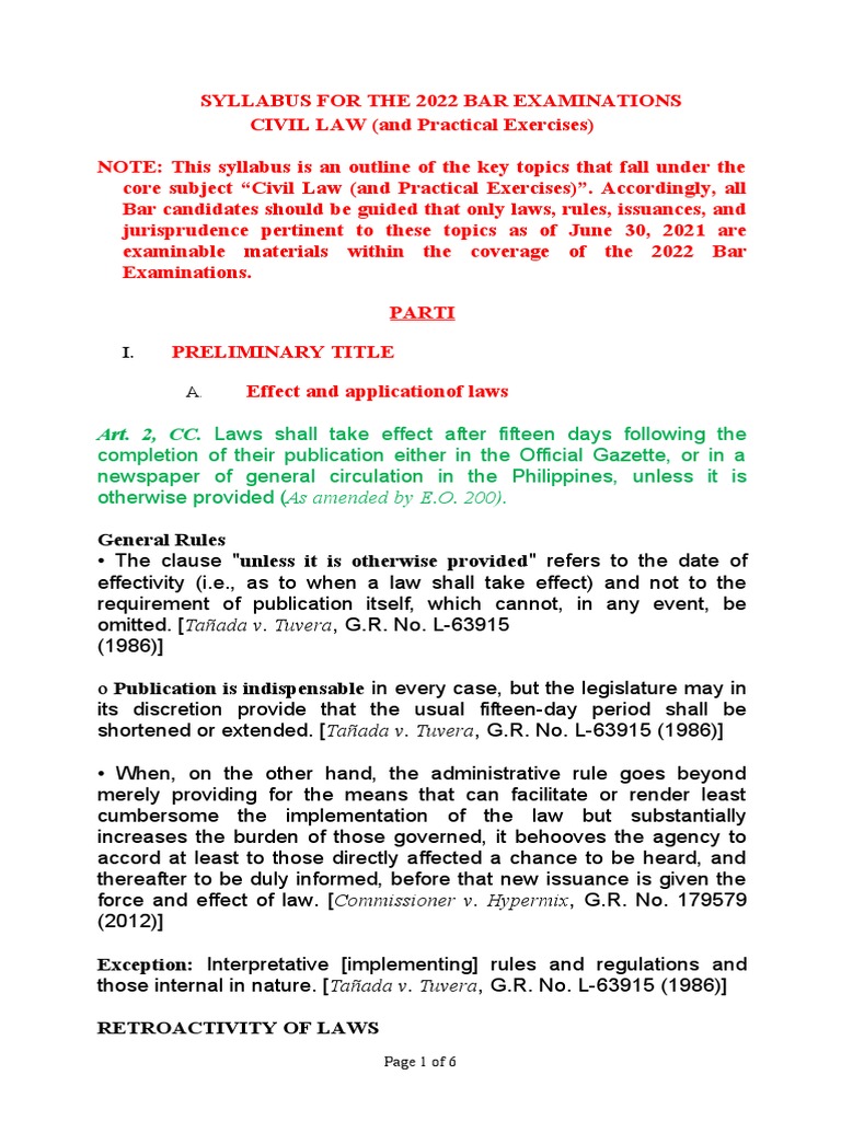Civil Law Syllabus for Bar Exam 2022 | PDF | Lawsuit | Burden Of Proof ...