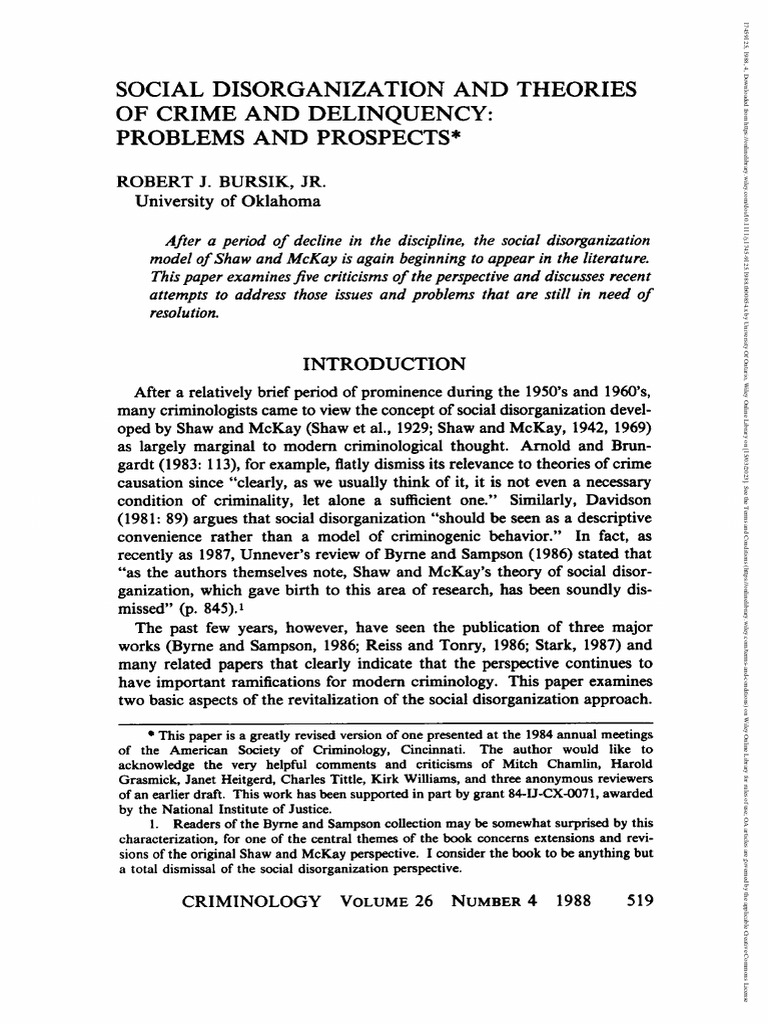 Criminology - November 1988 - BURSIK - SOCIAL DISORGANIZATION AND ... Criminology - November 1988 - BURSIK - SOCIAL DISORGANIZATION AND ...