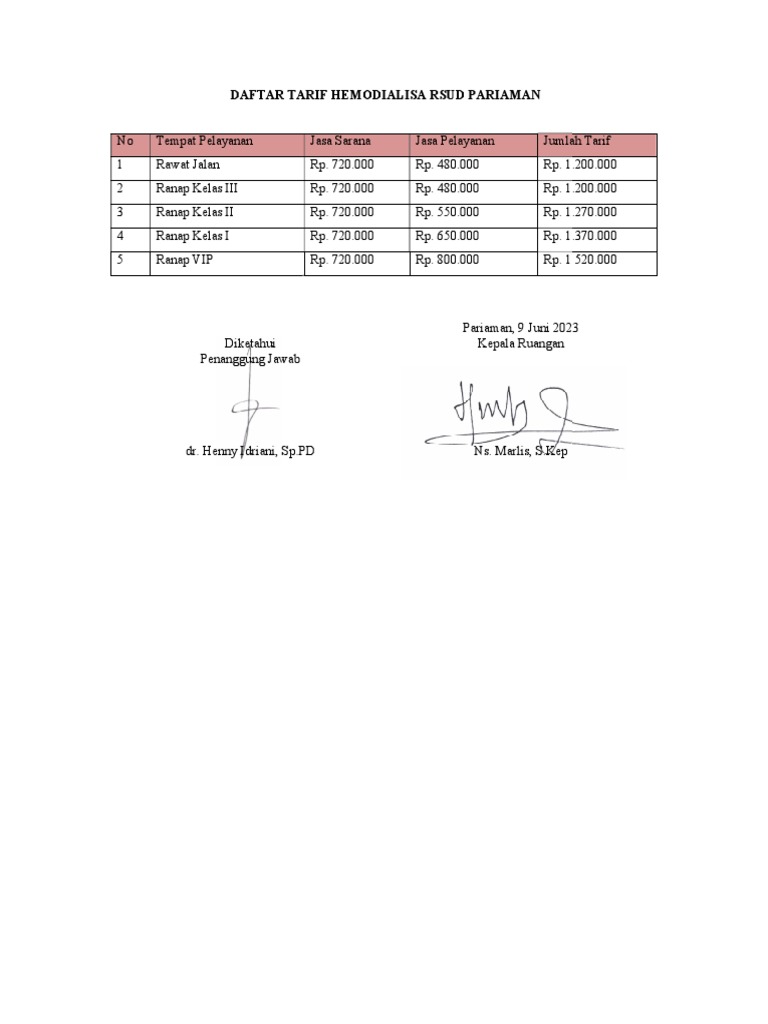 Daftar Tarif Hemodialisa | PDF