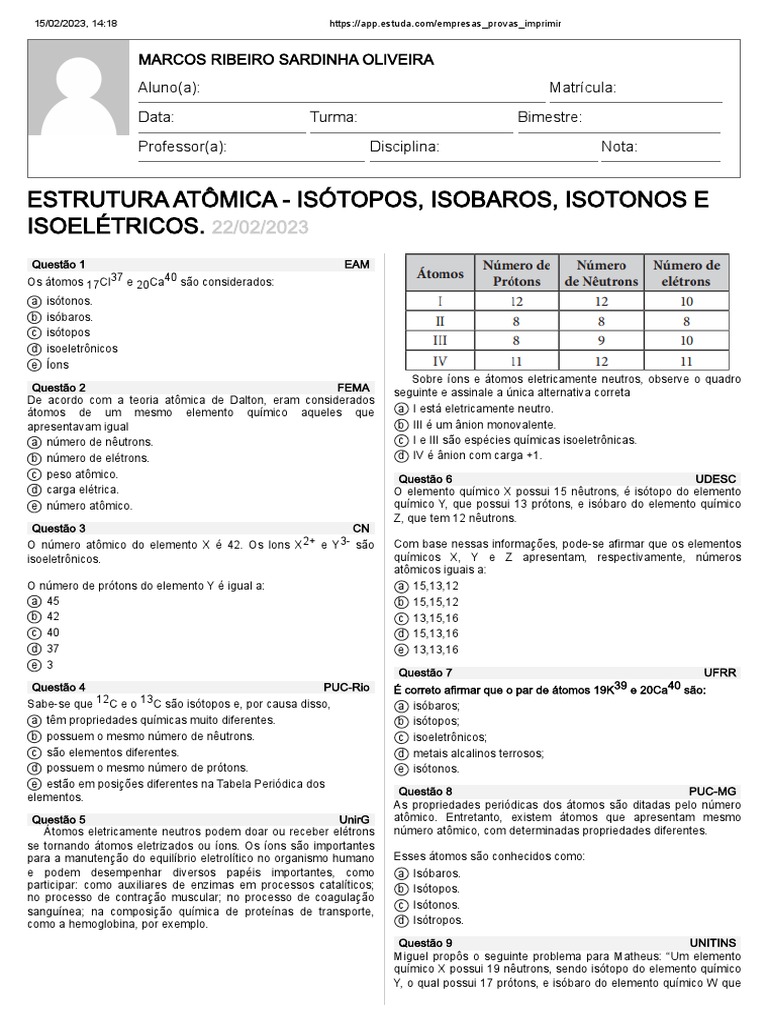 Estrutura Atômica Isótopos Isobaros Isotonos E Isoelétricos Pdf