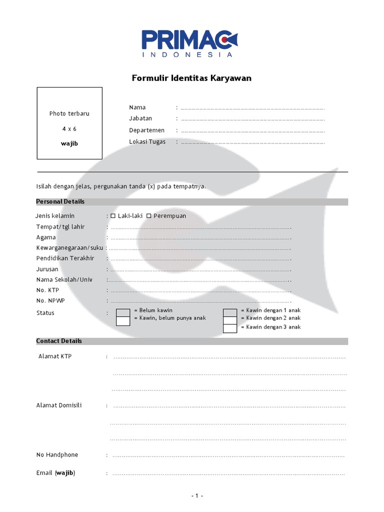 Form Identitas Karyawan Ppi 2023 (1) | PDF