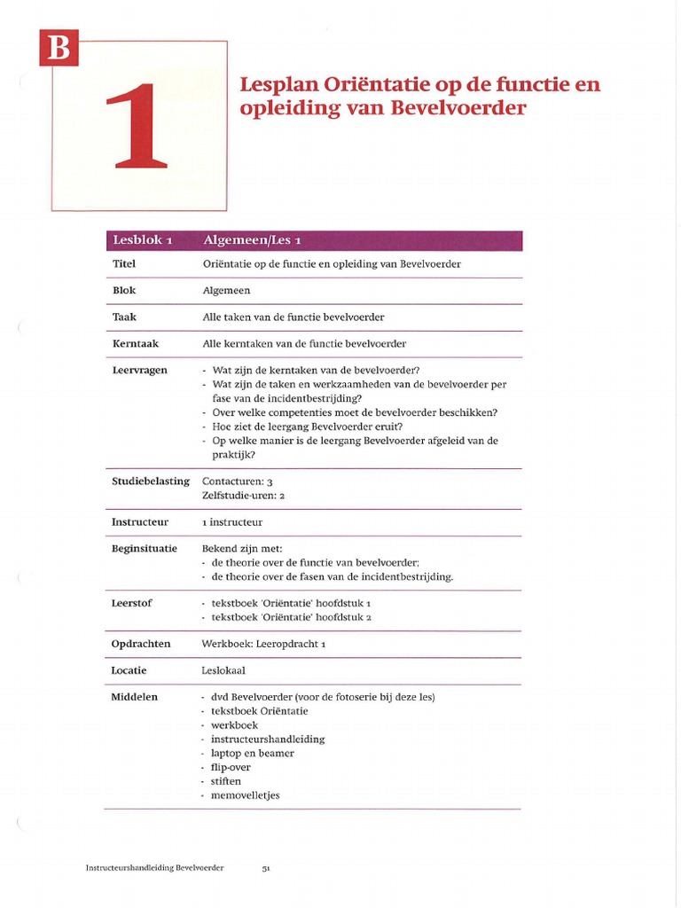 1. lesplan Orientatie op de functie en opleiding van bevelvoerder | PDF