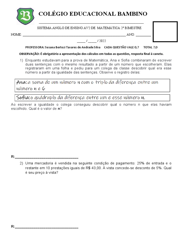 Av2 2 Matematica 8 Ano | PDF | Matemática