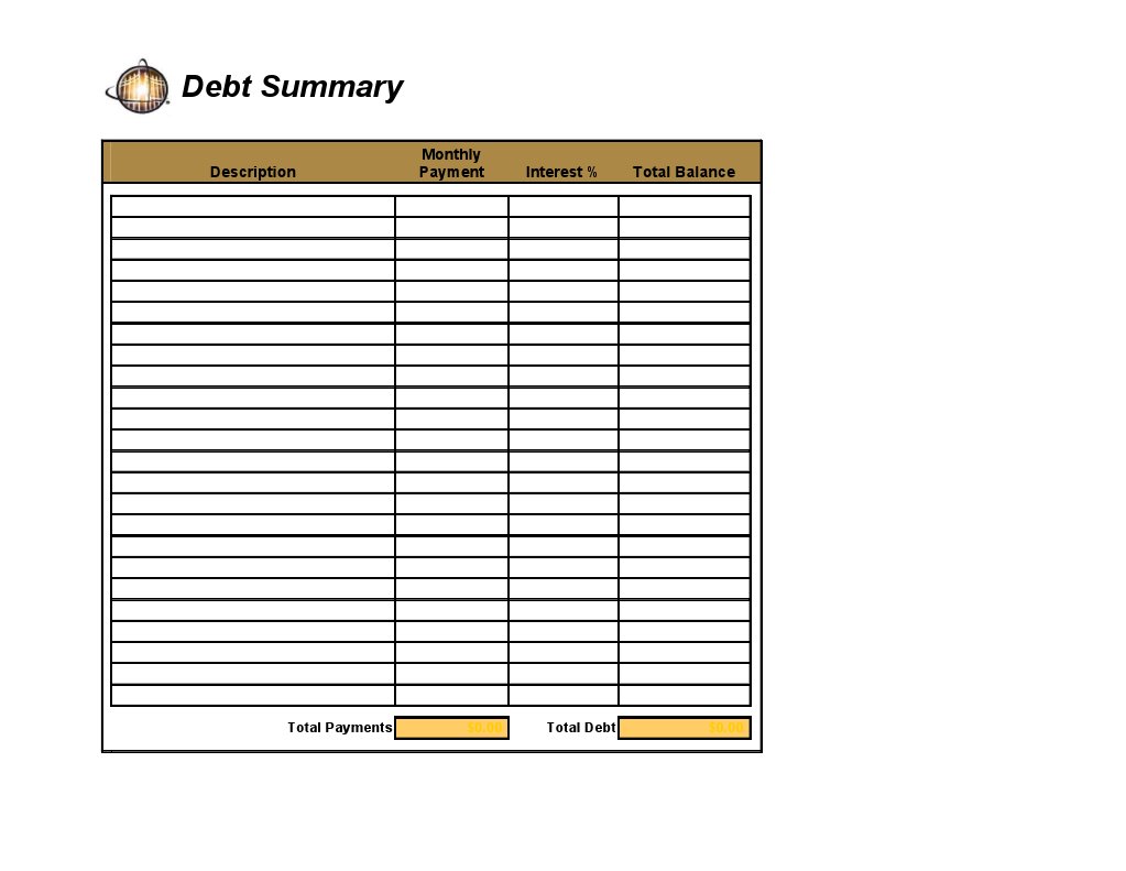 Debt Summary: Total Balance Description Interest % Monthly Payment ...