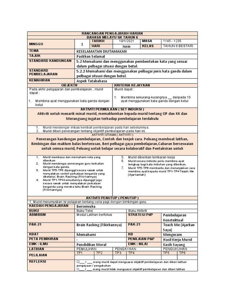 RPH Bahasa Melayu Tahun 6 | PDF