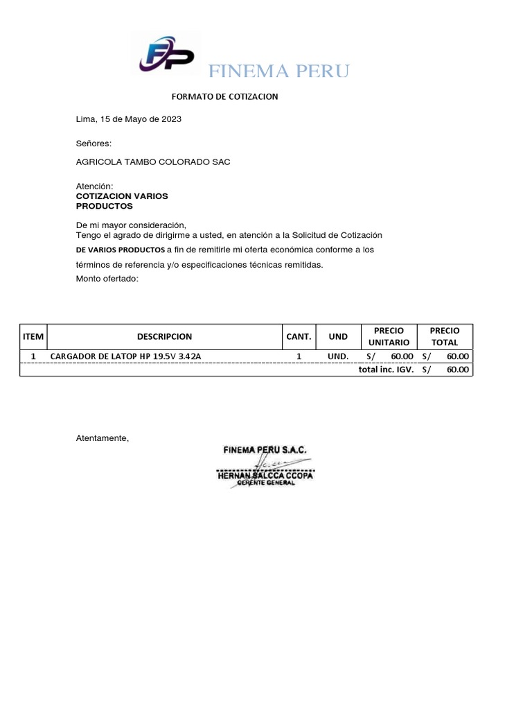 Formato de Cotización - AGRICOLA | PDF