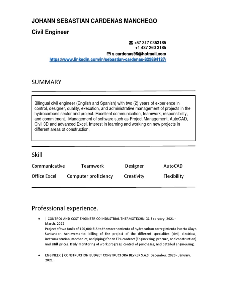 CV Sebastian Cardenas | Download Free PDF | Engineering | Business