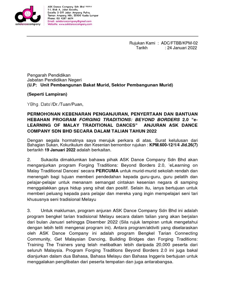 Ask - Surat Permohonan Kebenaran Penyertaan Dan Bantuan Hebahan Program ...