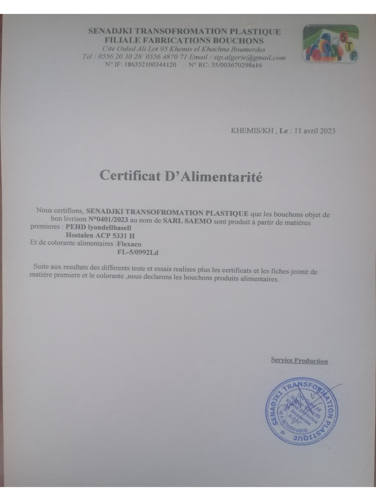 Certificat D'alimentarité | PDF