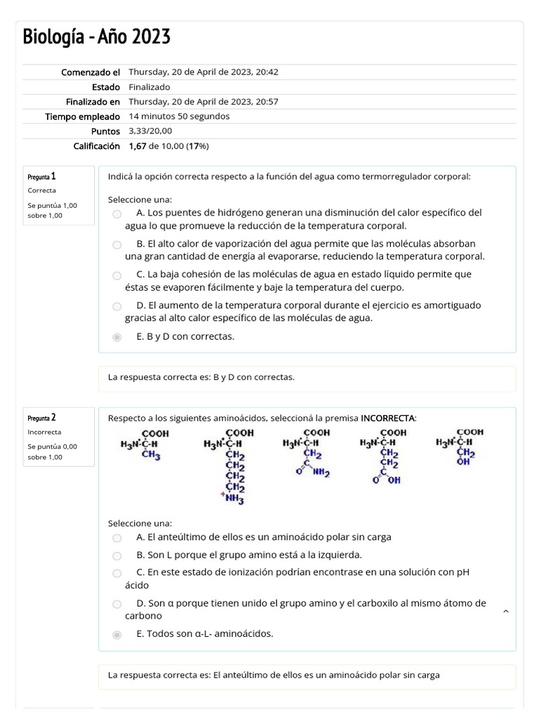 Examen de Biología 2023 | PDF | Polaridad química | Ácido graso