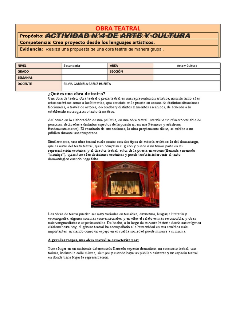 Guia De La Obra Teatral Pdf Teatro Las Artes