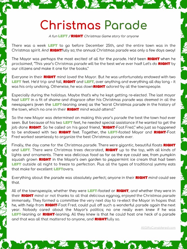 Left Right Game Gift Exchange Story Free Printable Christmas Parade | PDF