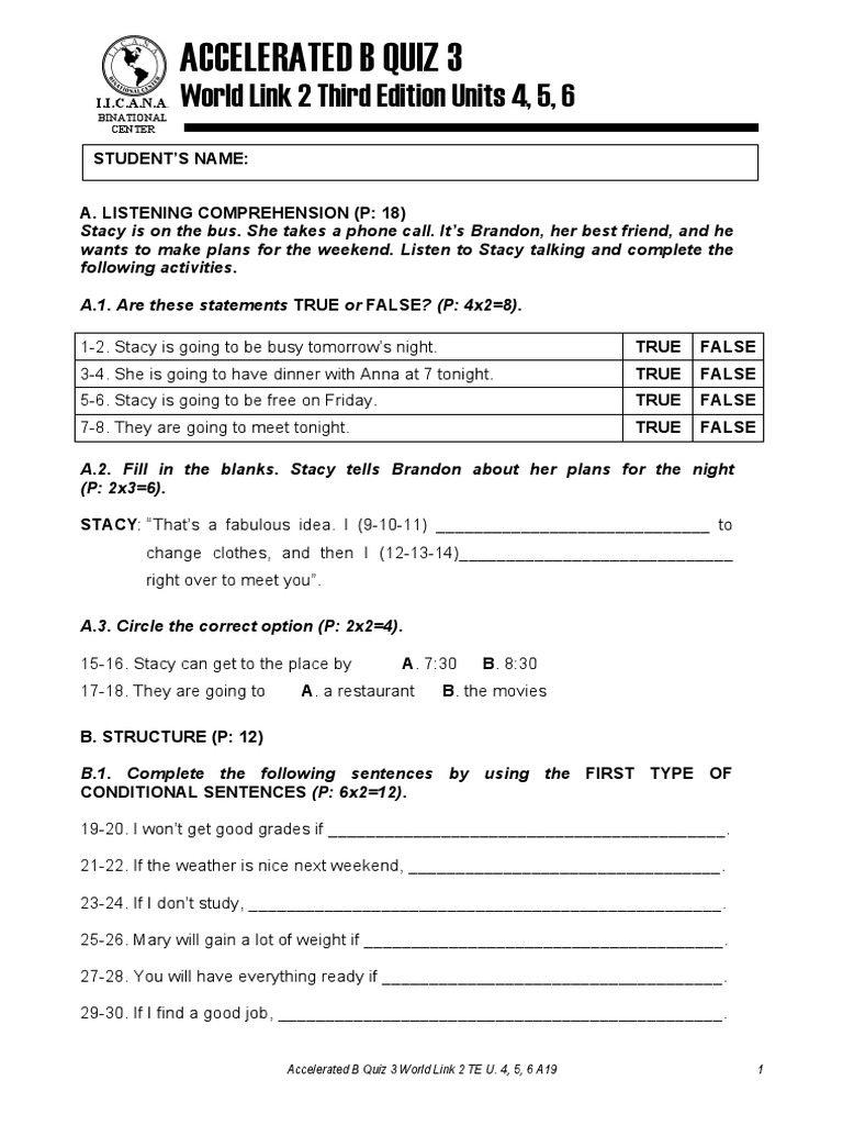 Accelerated B Quiz 3 World Link 2 TE | PDF