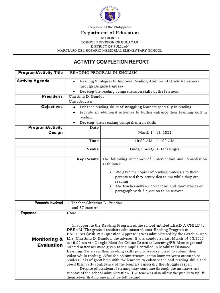 Grade 4 English Reading Program Report | PDF | Reading Comprehension | Learning