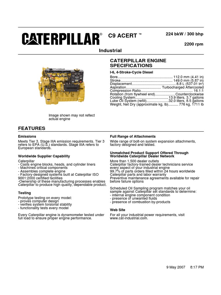 Cat c9 300 HP Spec Sheet | PDF | Horsepower | Engines