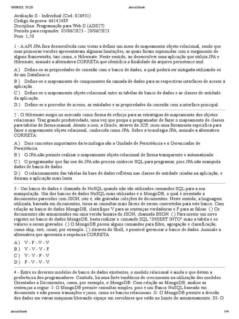 Prova 2 | PDF | No SQL | Bancos de dados