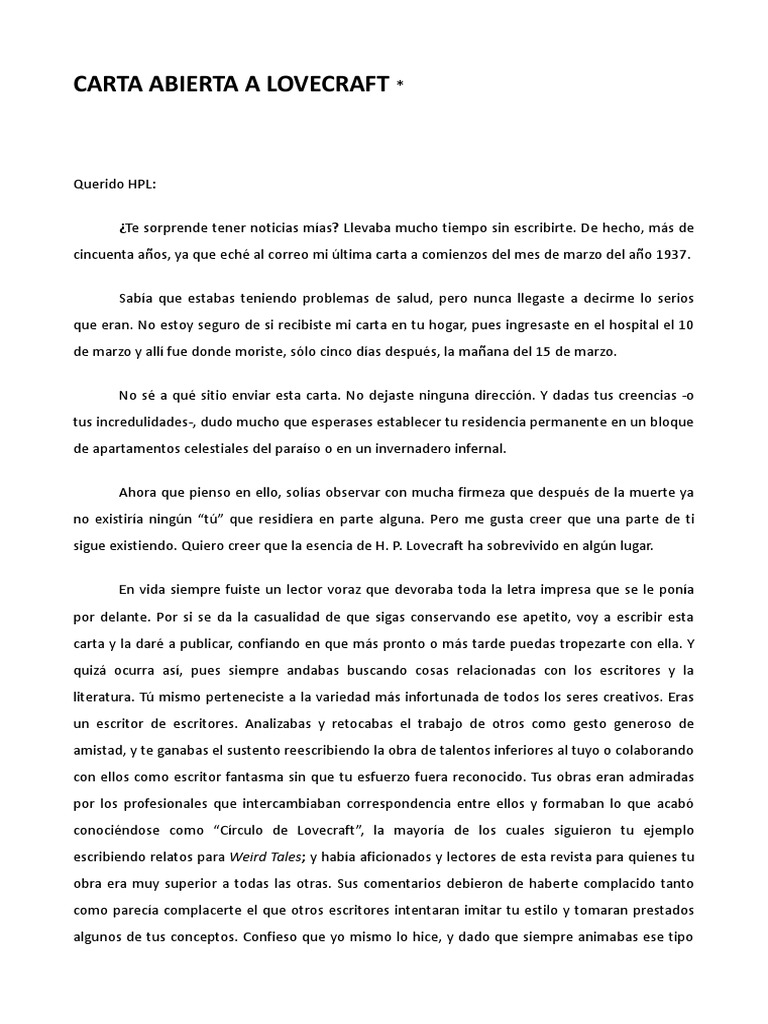 Carta a Lovecraft: Reflexiones y Preguntas | PDF | HP Lovecraft ...